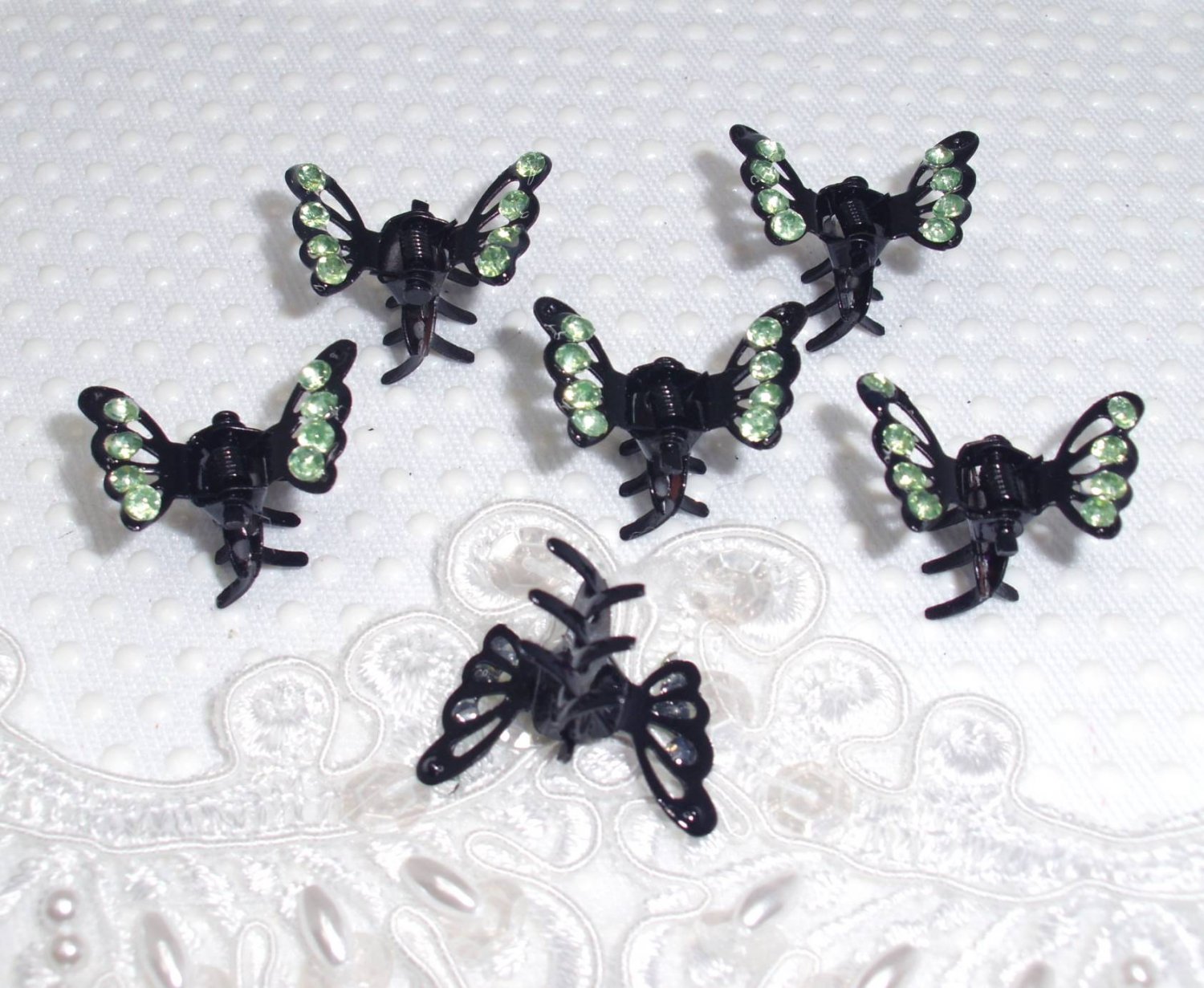Set of six green rhinestone Miniature Butterfly hair claw clips teens