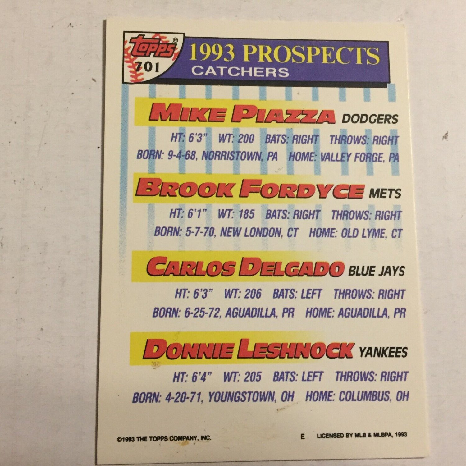 1993 Topps Prospects Catchers HOF Mike Piazza Carlos Delgado MLB ...