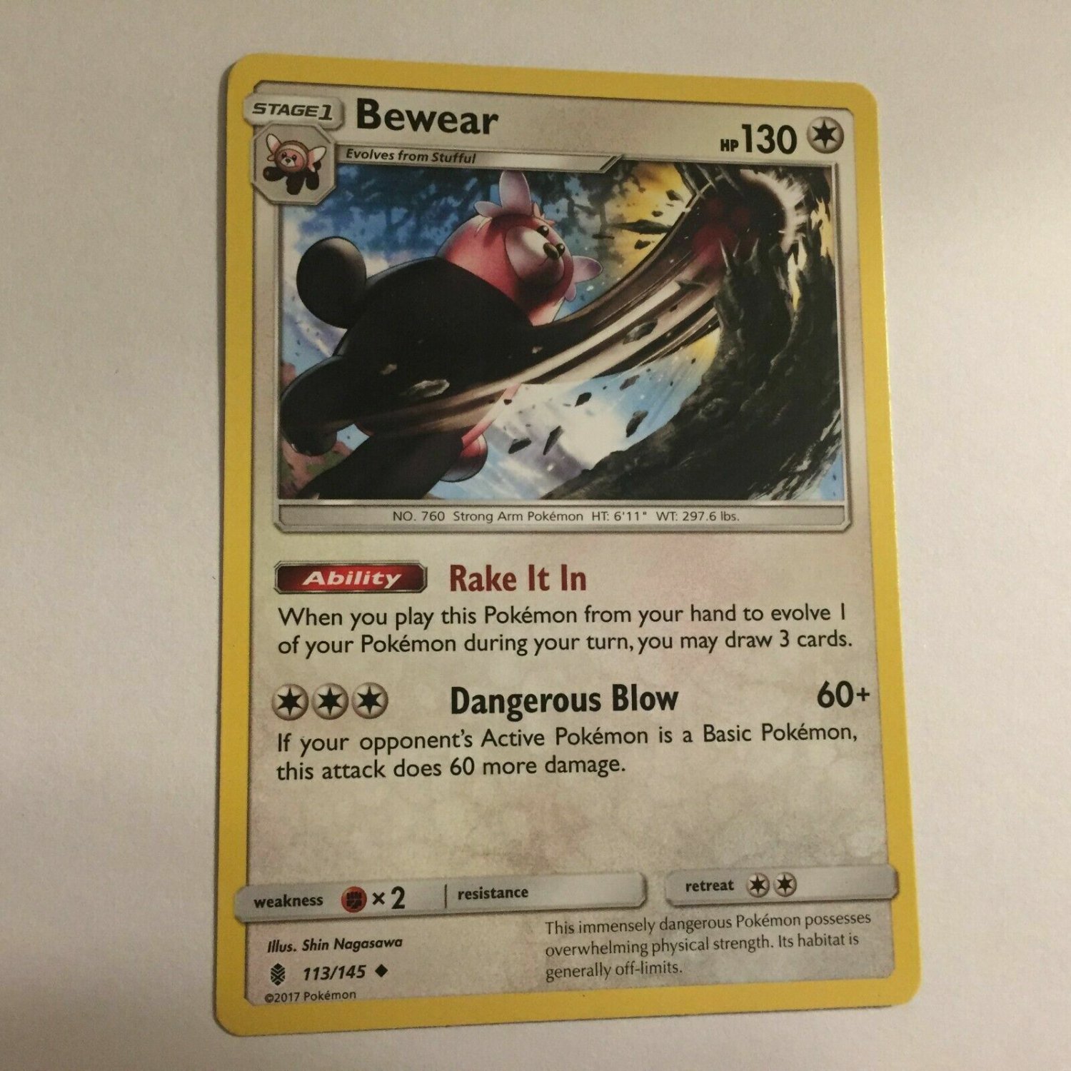 2017 Bewear Pokemon Stage 1 Rare Card 113/145