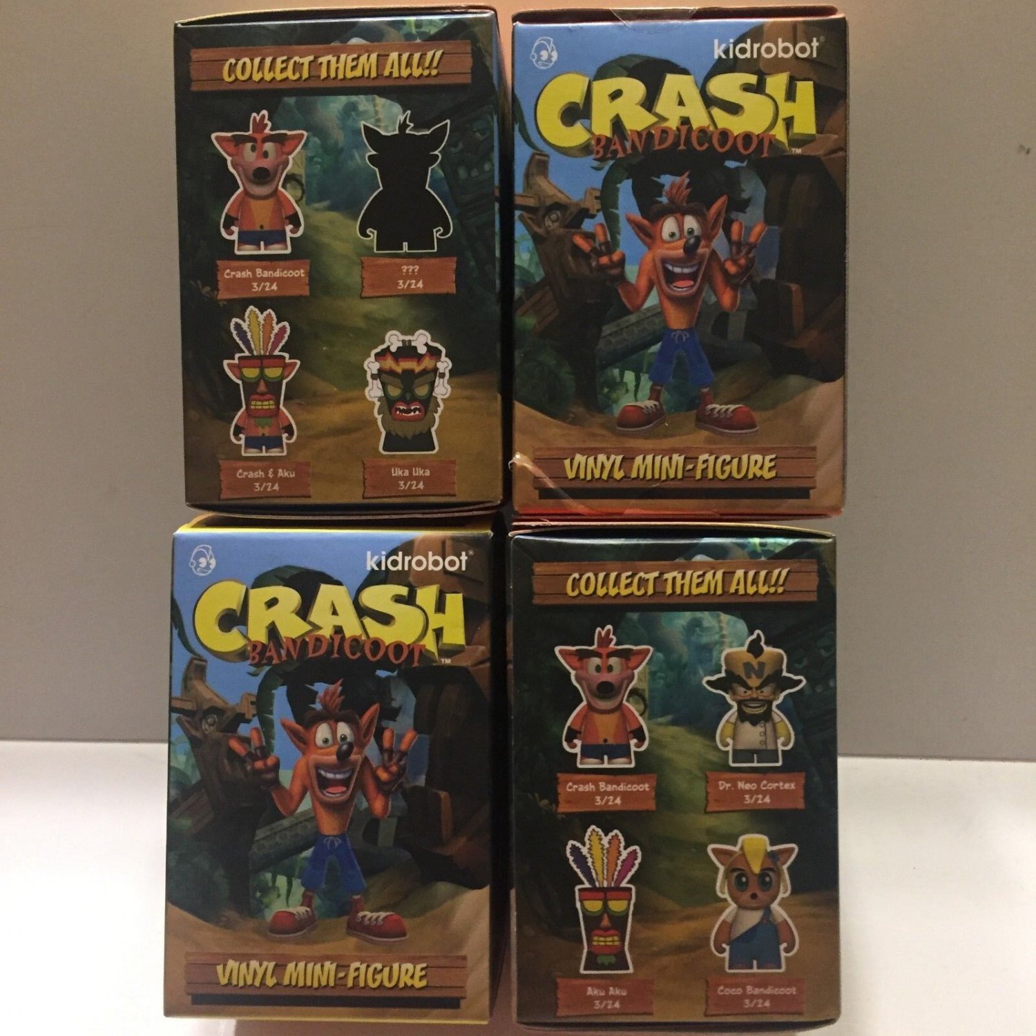 4 Unopened Kidrobot Crash Bandicoot Collectible 3" Figures Blind Boxes