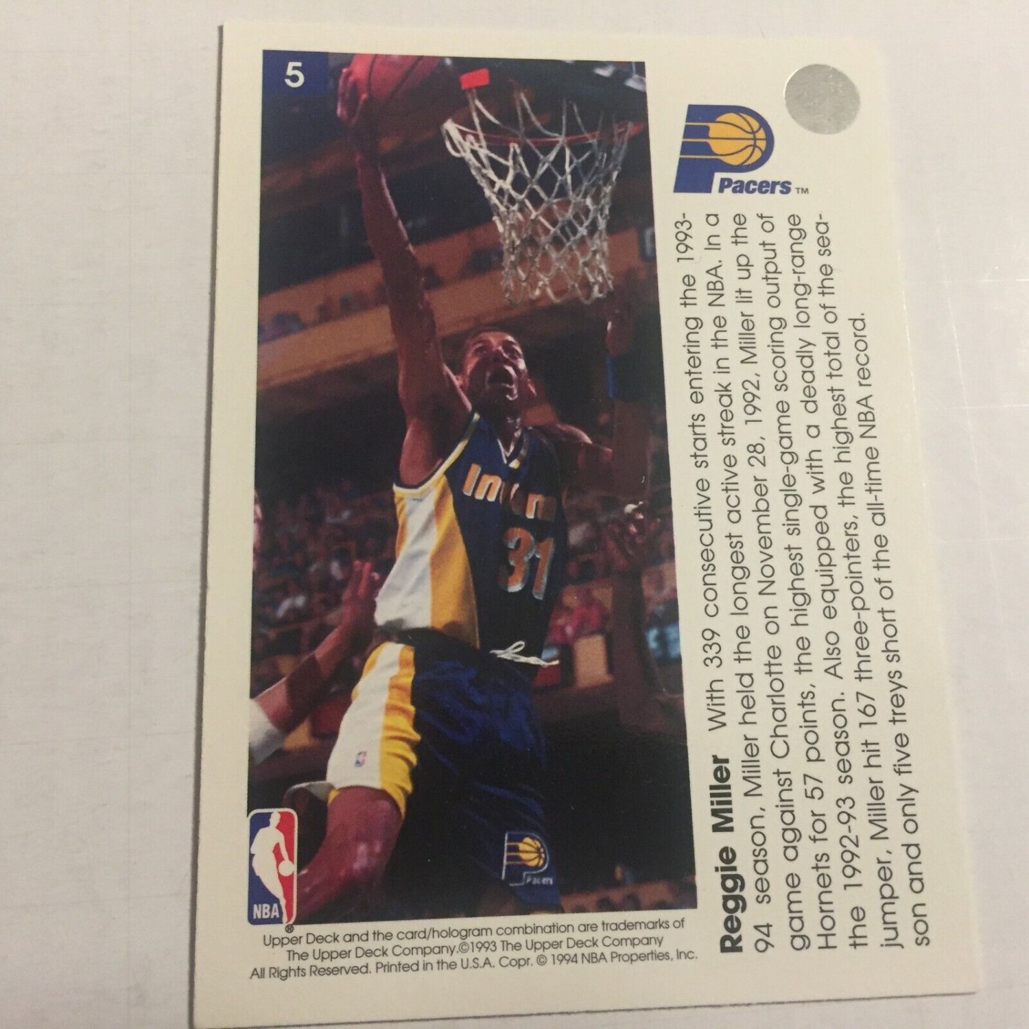 1993 Upper Deck Pro View Indiana Pacers Reggie Miller 3D Trading Card #5