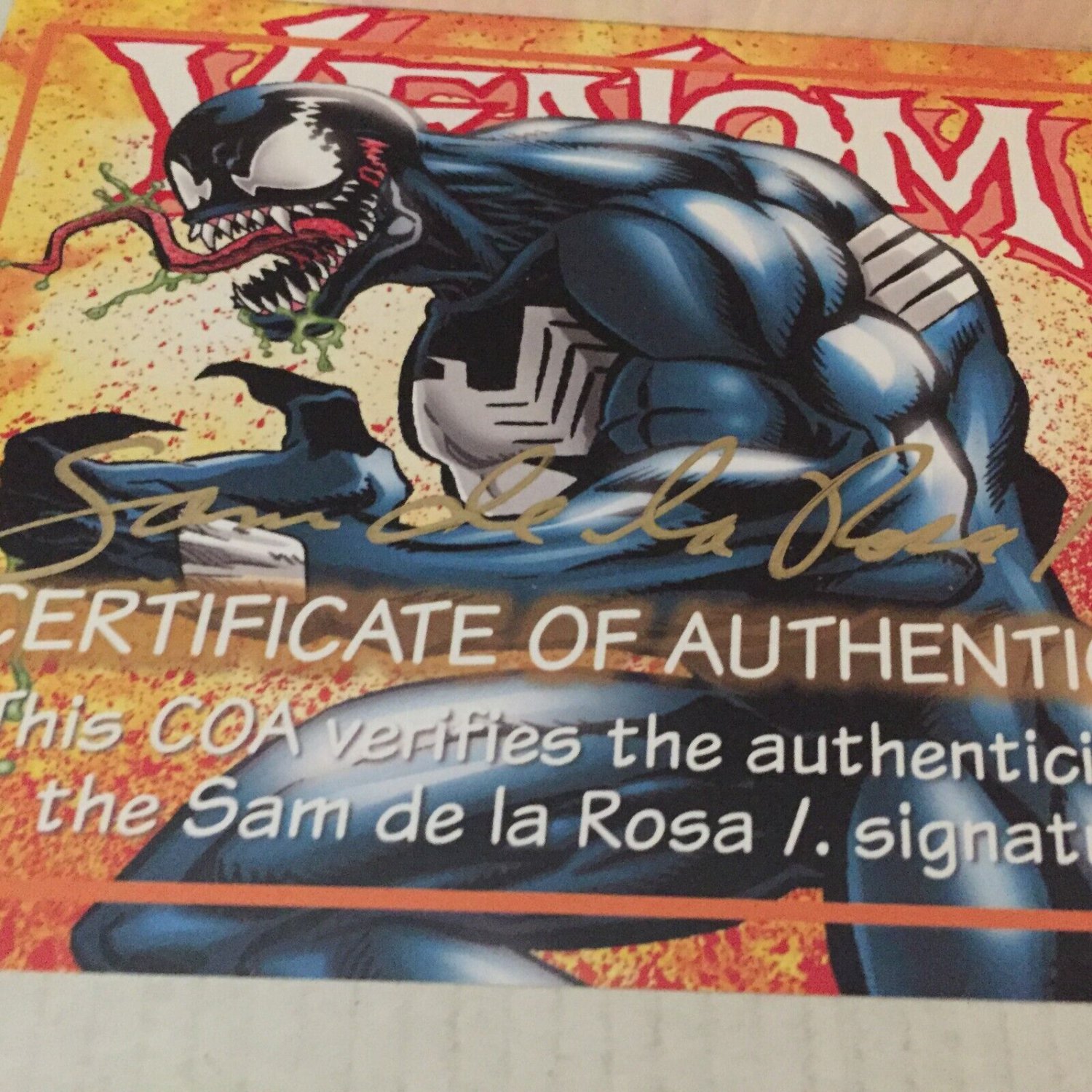 Venom 4'' x 5'' Certificate of Authenticity Signed by Sam de la Rosa