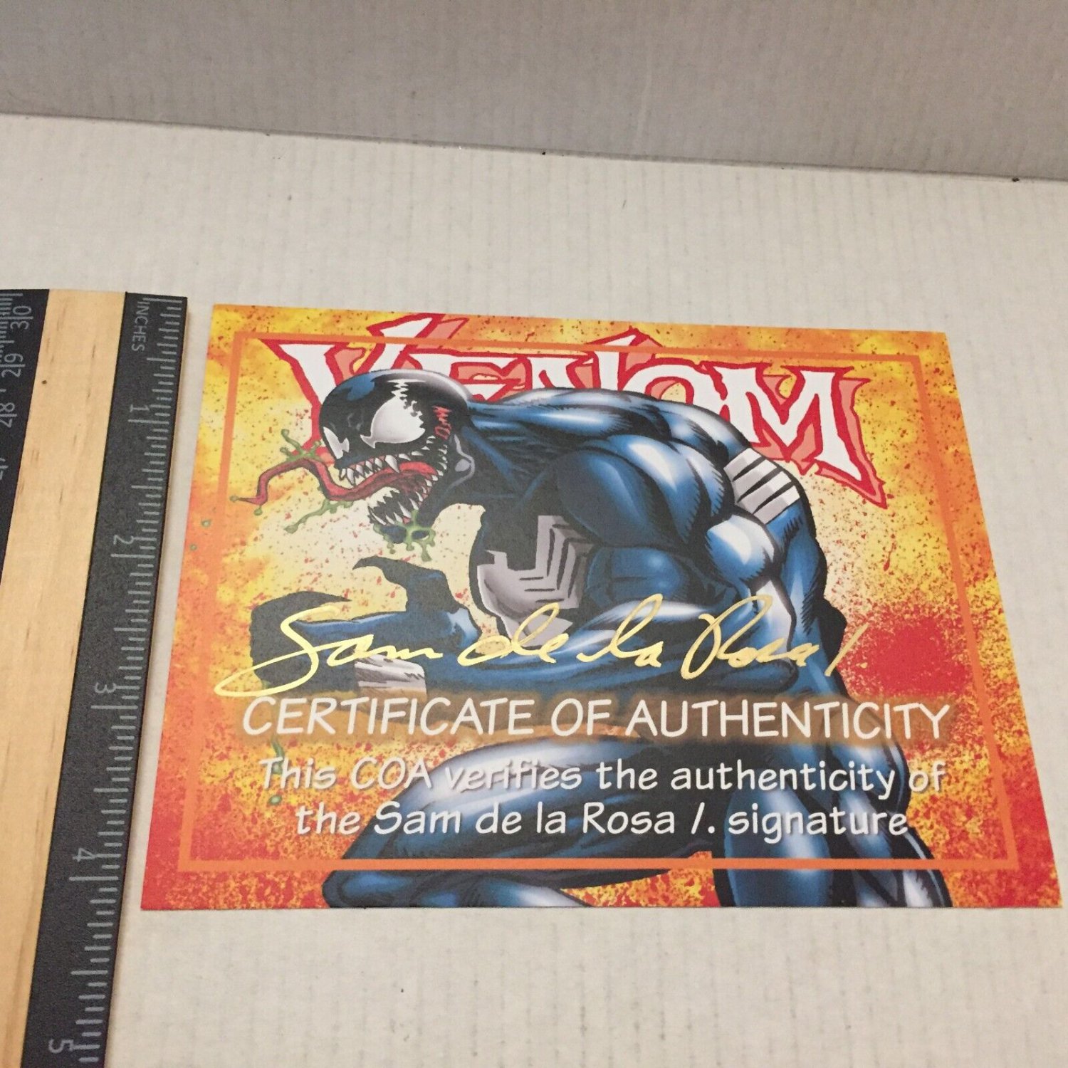 Venom 4'' x 5'' Certificate of Authenticity Signed by Sam de la Rosa