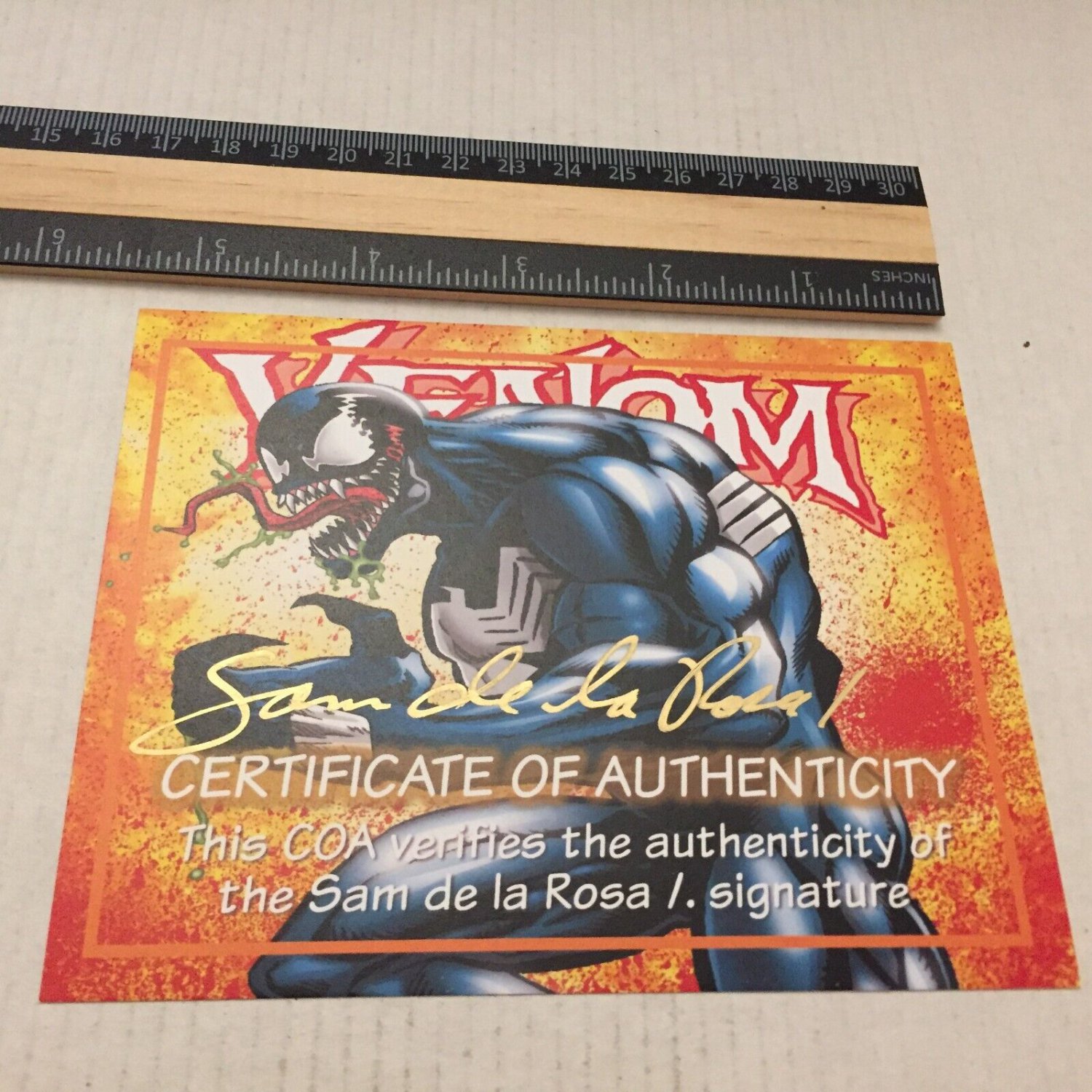 Venom 4'' x 5'' Certificate of Authenticity Signed by Sam de la Rosa