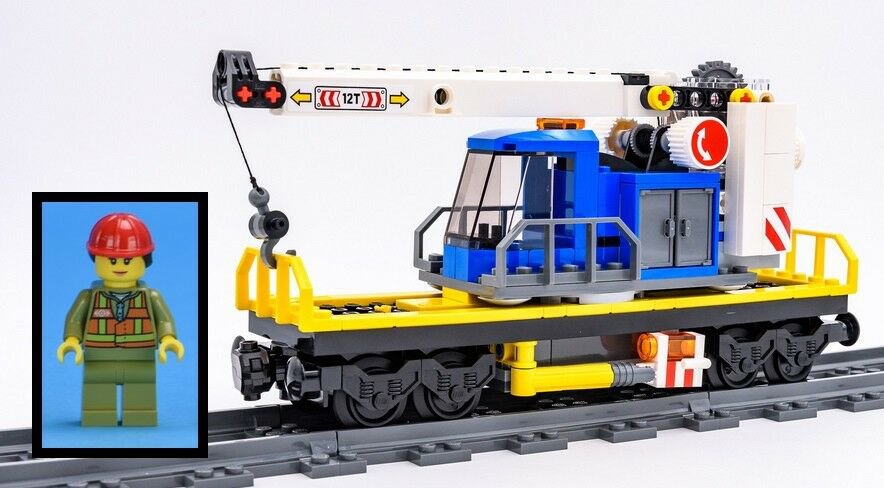 LEGO Train Carriage Flatbed Rotating Crane Cargo Freight Wagon ...