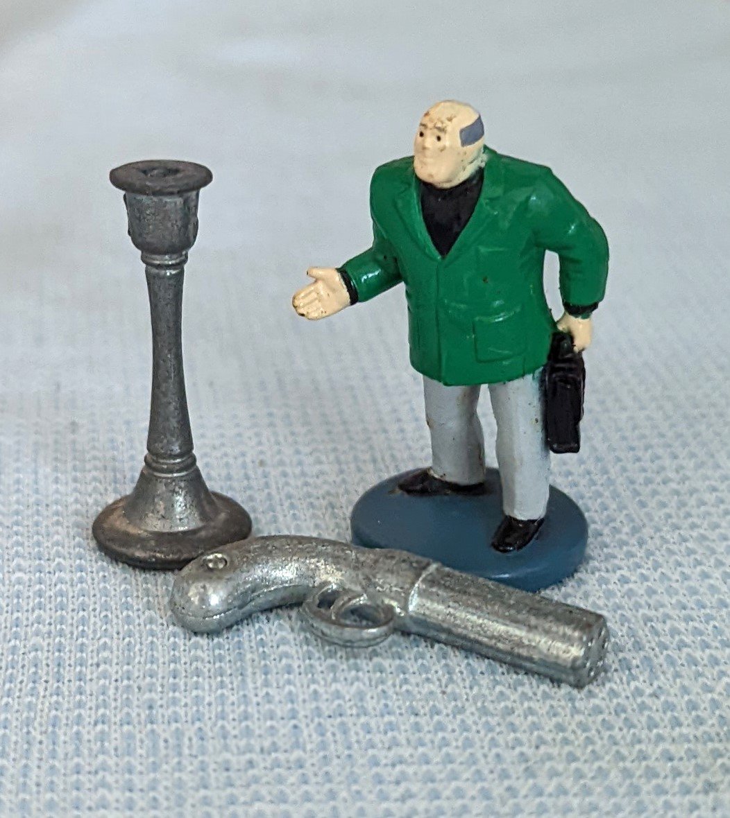 CLUE Candlestick Revolver Gun and Mr Green Classic Detective Game Tokens