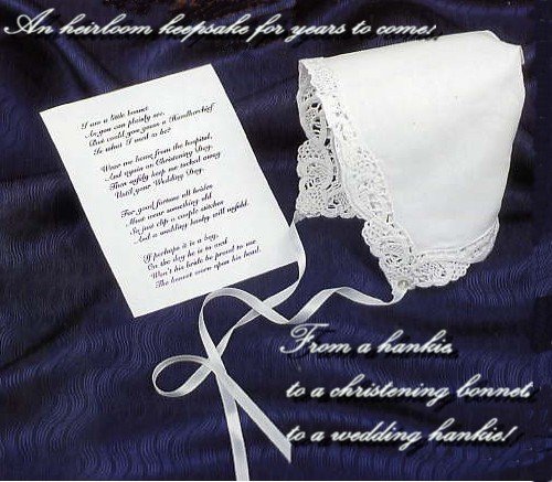 Christening Hankie Bonnet With Poem Gift - New Baby Gift Idea