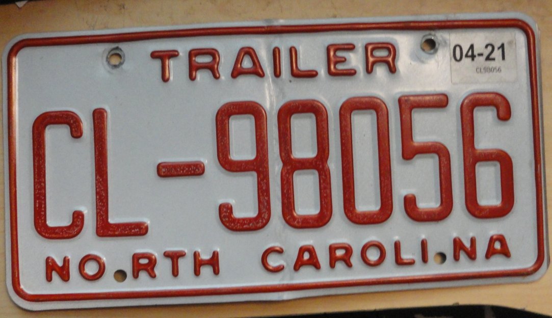 2021 North Carolina trailer license plate CL 98056