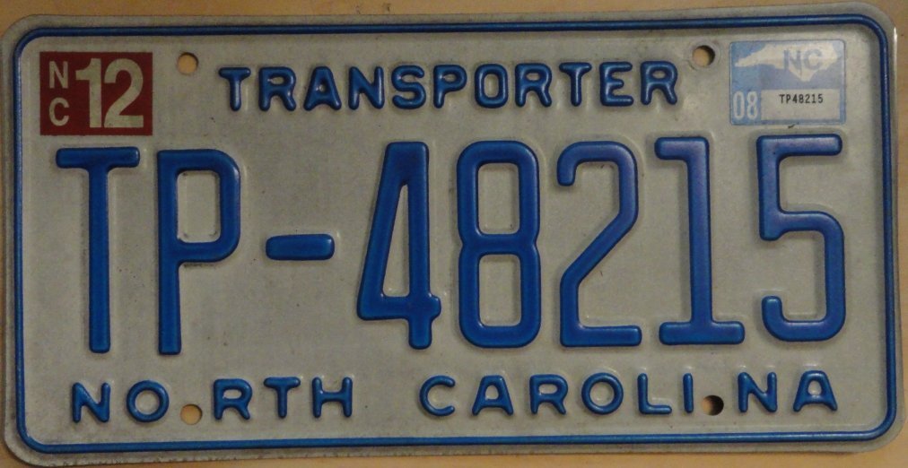 2008 North Carolina transporter license plate TP 48215