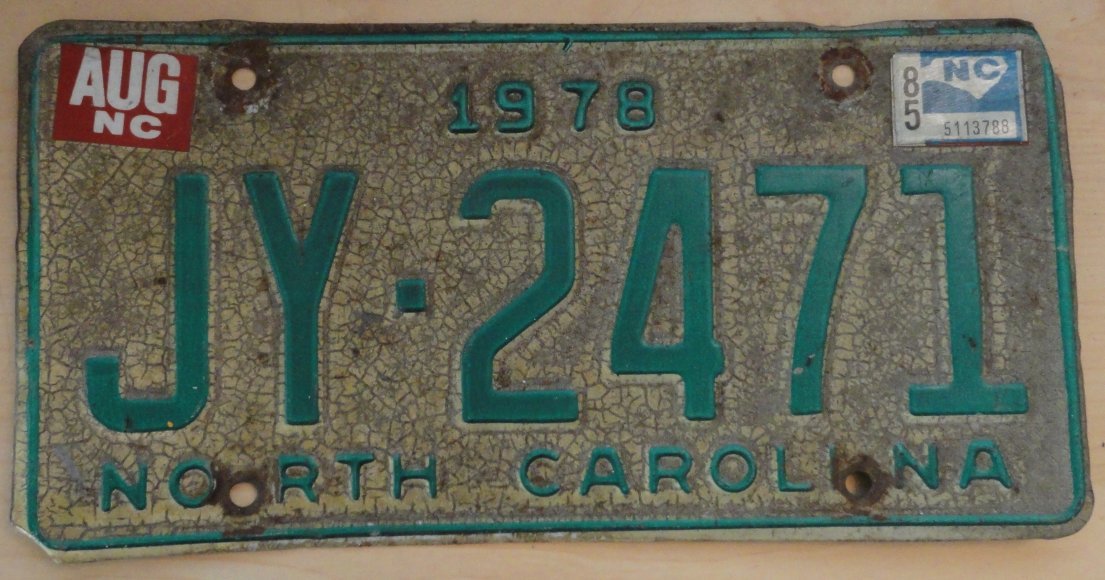 1978 North Carolina license plate JY 2471 with August 1985 stickers
