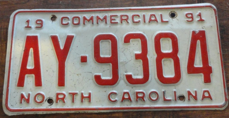 1991 North Carolina commercial license plate AY 9384
