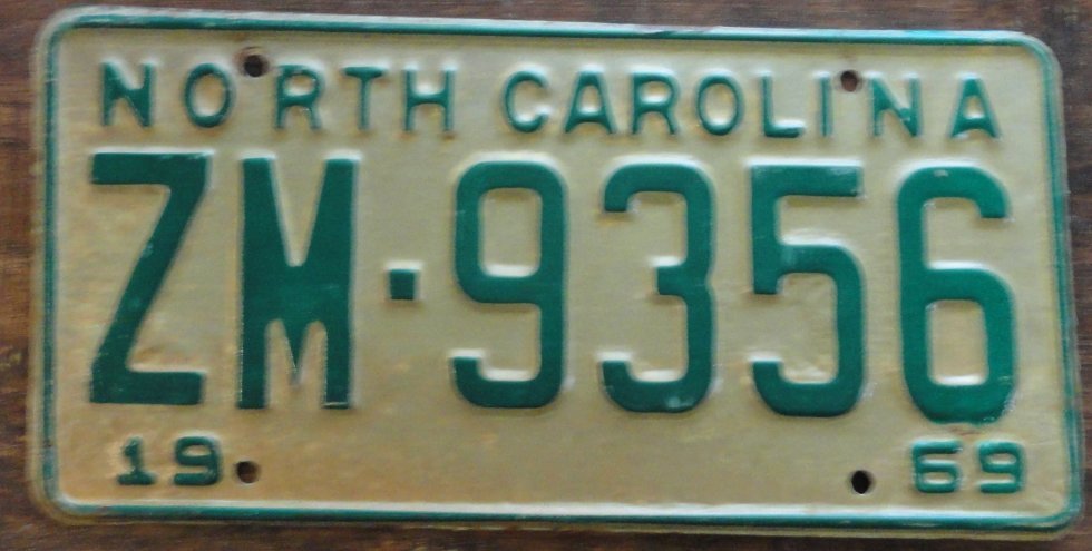 1969 North Carolina license plate ZM 9356