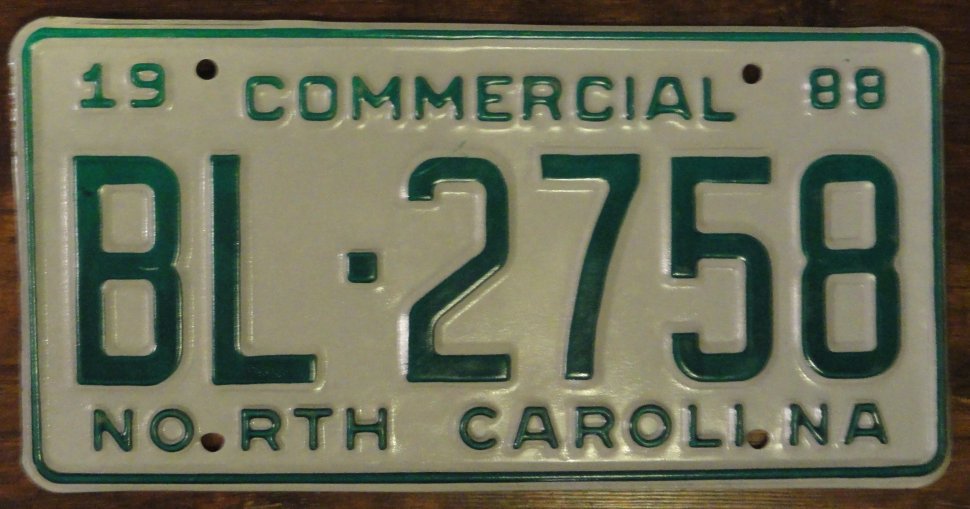 NOS 1988 North Carolina commercial license plate BL 2758