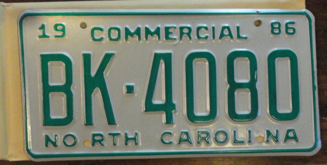 NOS 1986 North Carolina commercial license plate BK 4080 new old stock