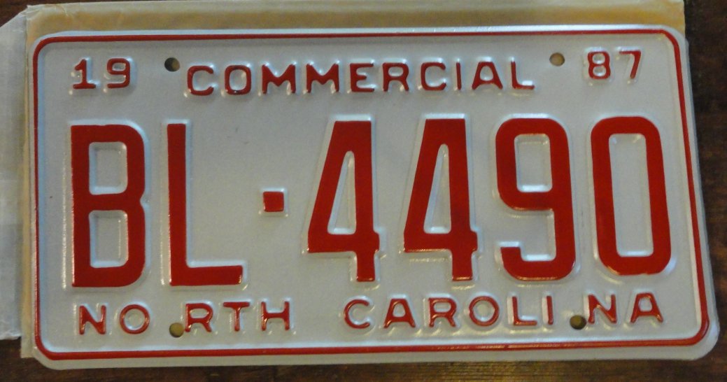 NOS 1987 North Carolina commercial license plate BL 4490 new old stock