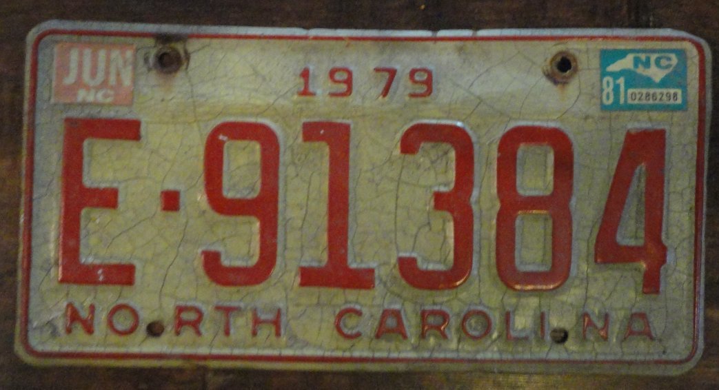 1979 North Carolina license plate E 91384 with June 1981 stickers