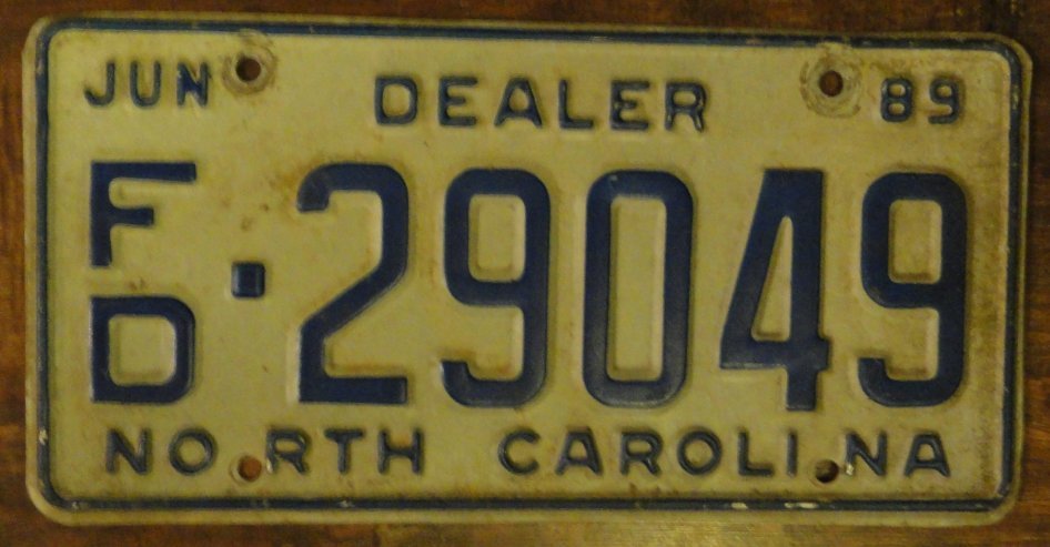 1989 North Carolina dealer license plate FD 29049