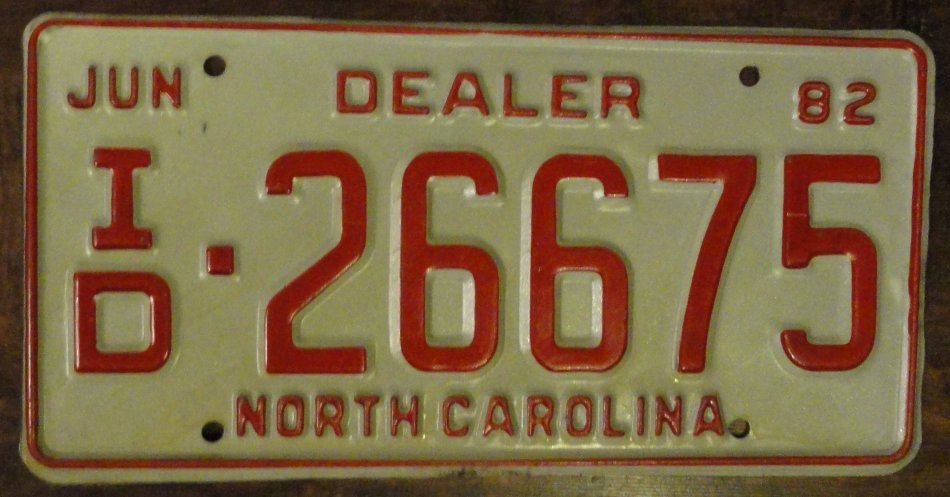 1982 North Carolina dealer license plate ID 26675