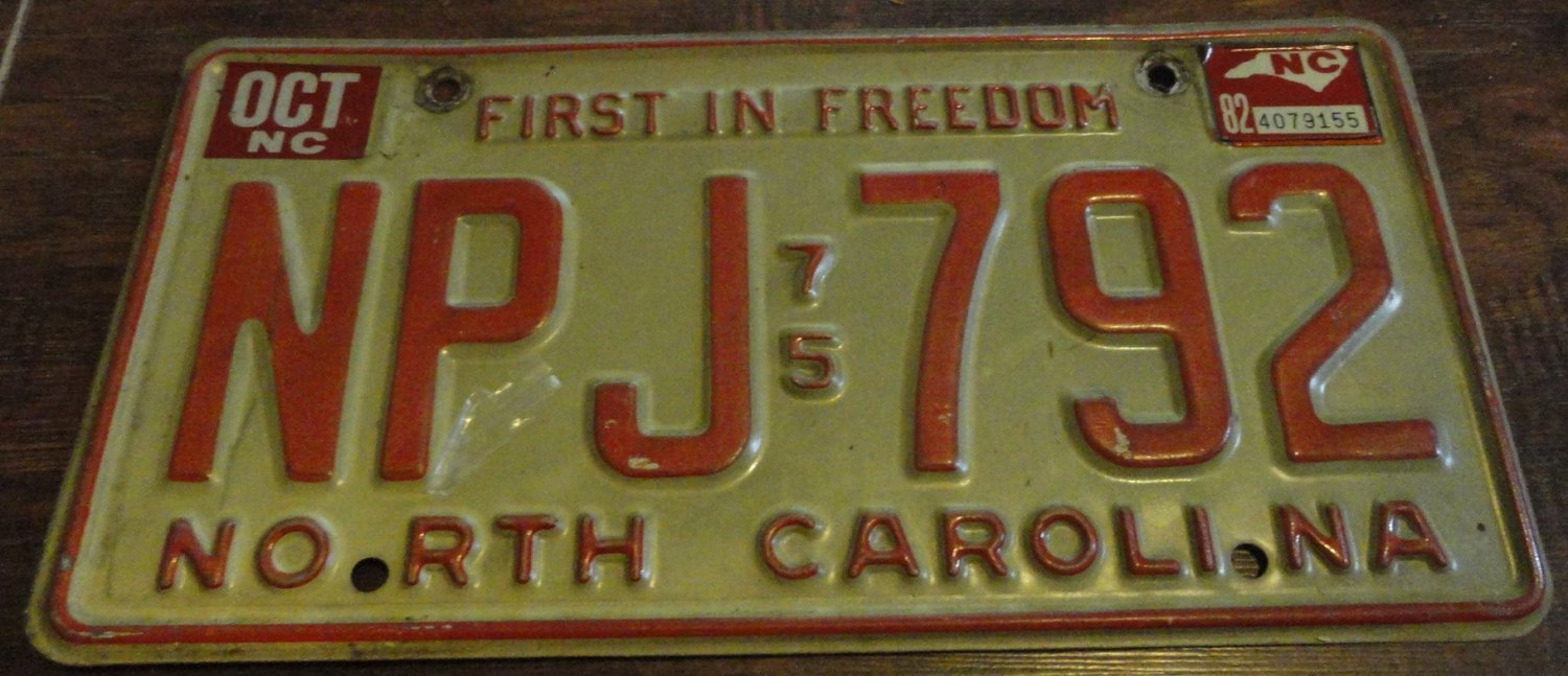 1975 NPJ 792 North Carolina license plate with October 1982 stickers