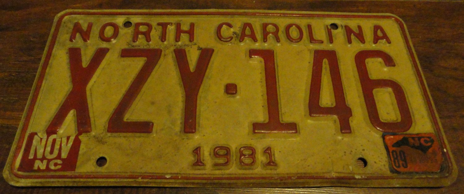 1981 XZY 146 North Carolina license plate with November 1989 stickers