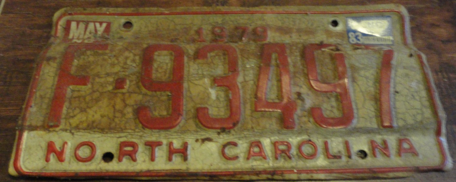 1979 F 93497 North Carolina license plate with May 1983 sticker