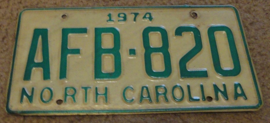 1974 AFB 820 North Carolina license plate