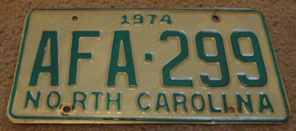 1974 AFA 299 North Carolina license plate