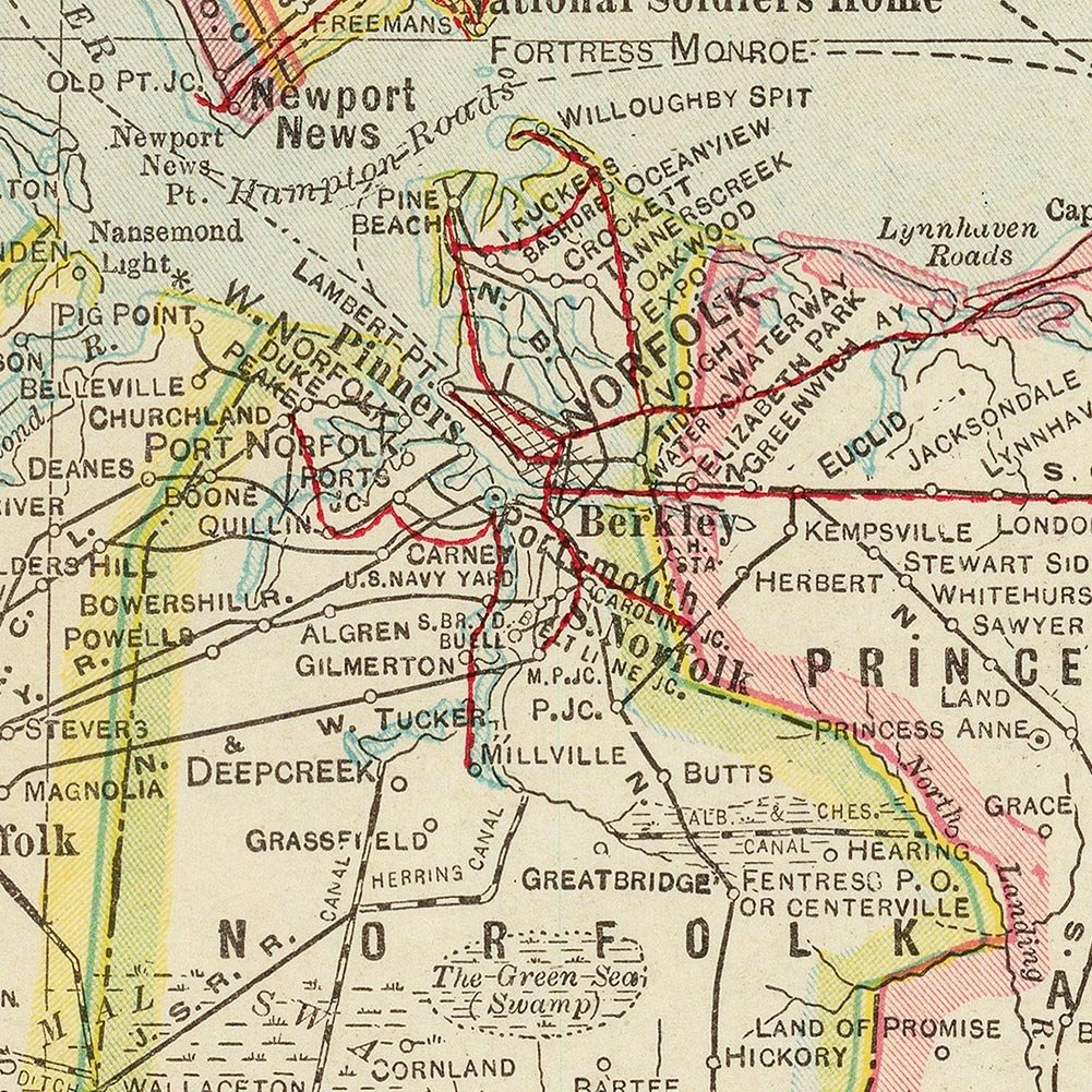 Virginia Atlas Map by George Cram circa 1915 - Inset Map of Norfolk ...