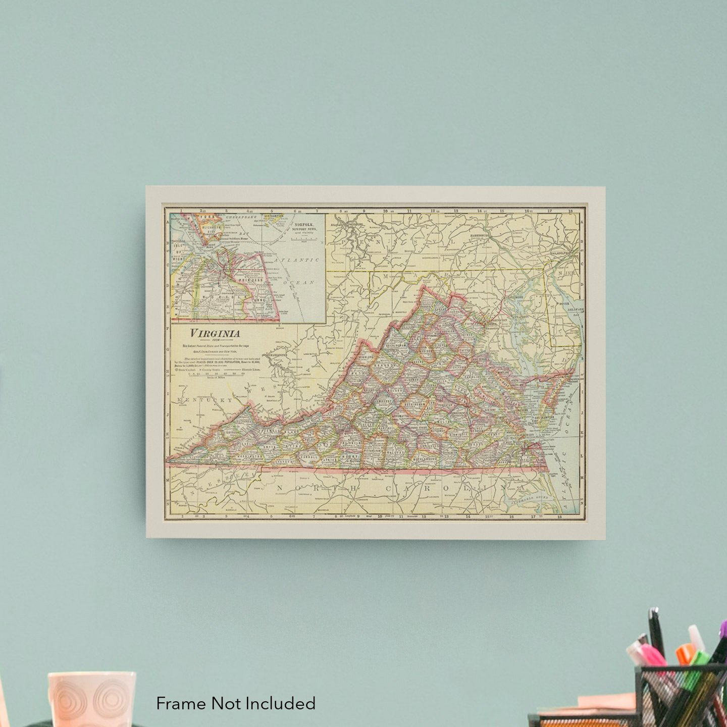 Virginia Atlas Map by George Cram circa 1915 - Inset Map of Norfolk ...