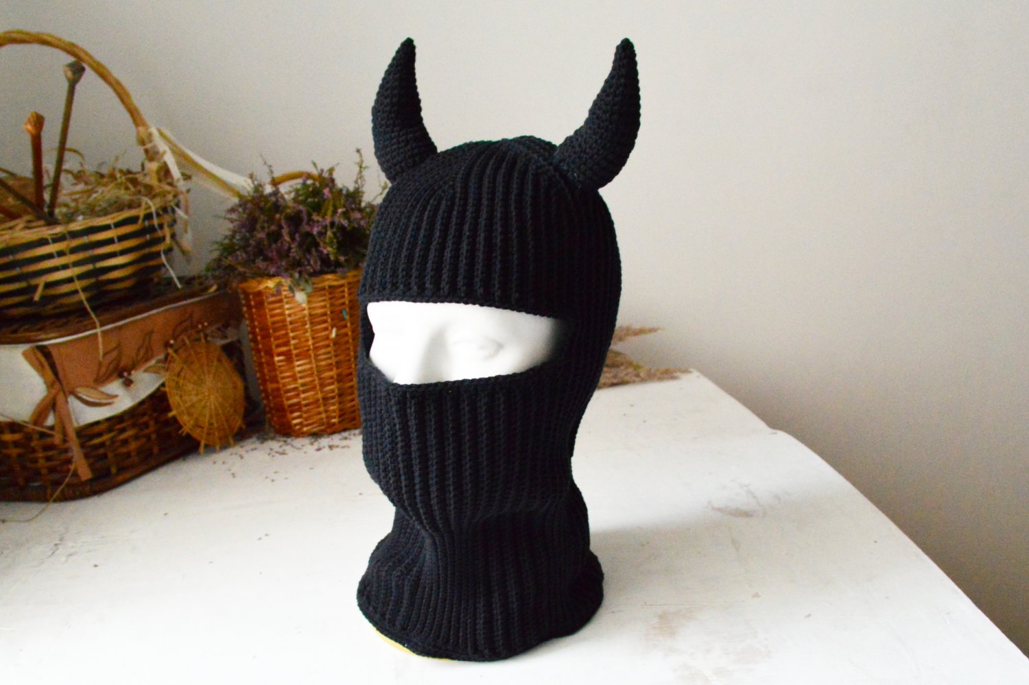 Custom devil horns ski mask Crochet eyes balaclava hats mens womens