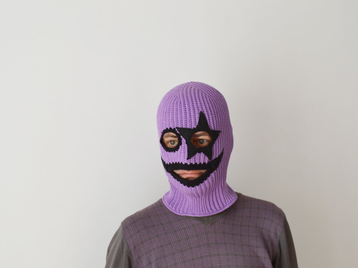 Custom crochet star ski mask men woman. Knitted skull purple balaclava ...