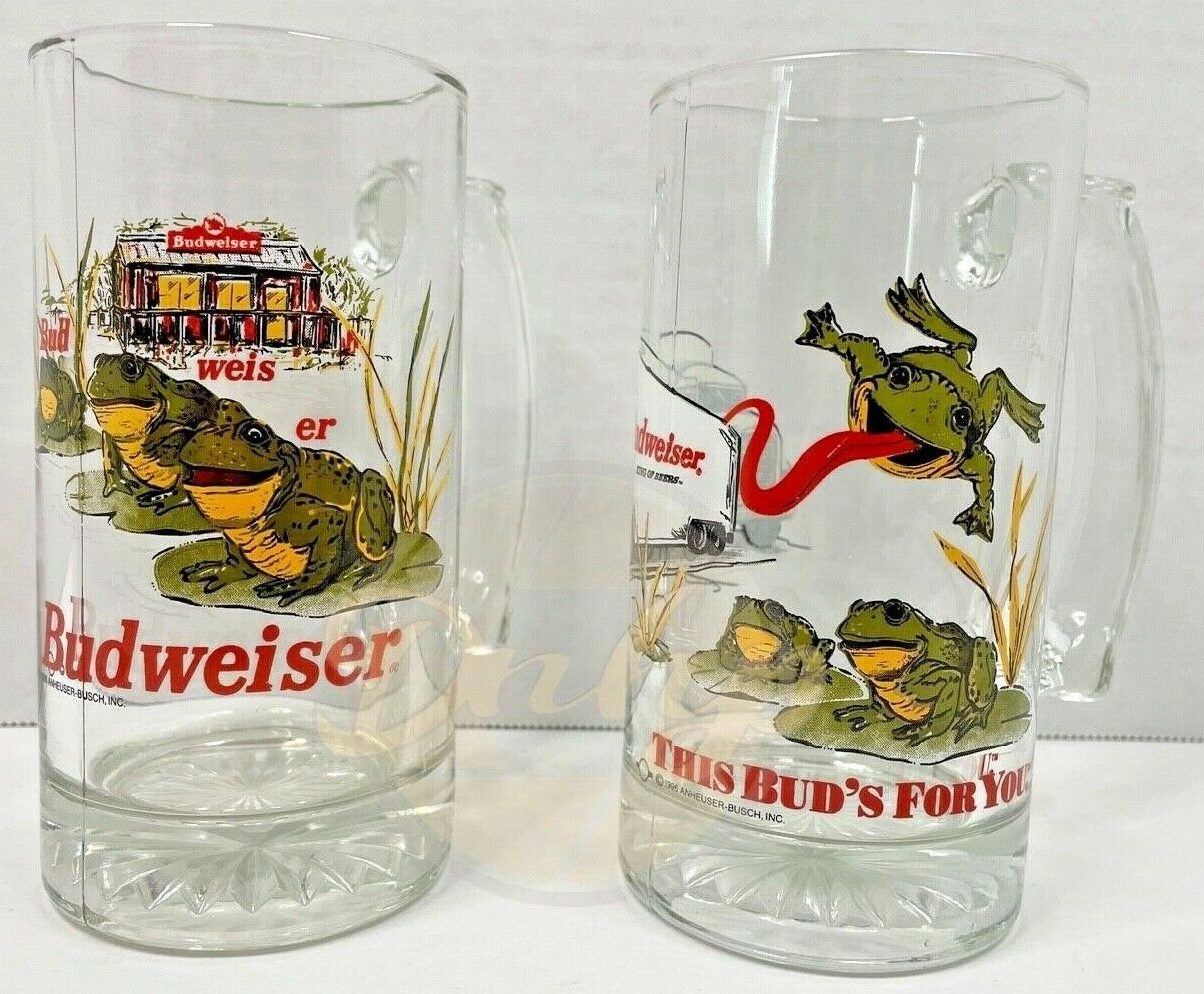 BUDWEISER FROGS TOADS Ad Campaign 10 Ounce Glass Mugs LOT (2) 1996 USA ...