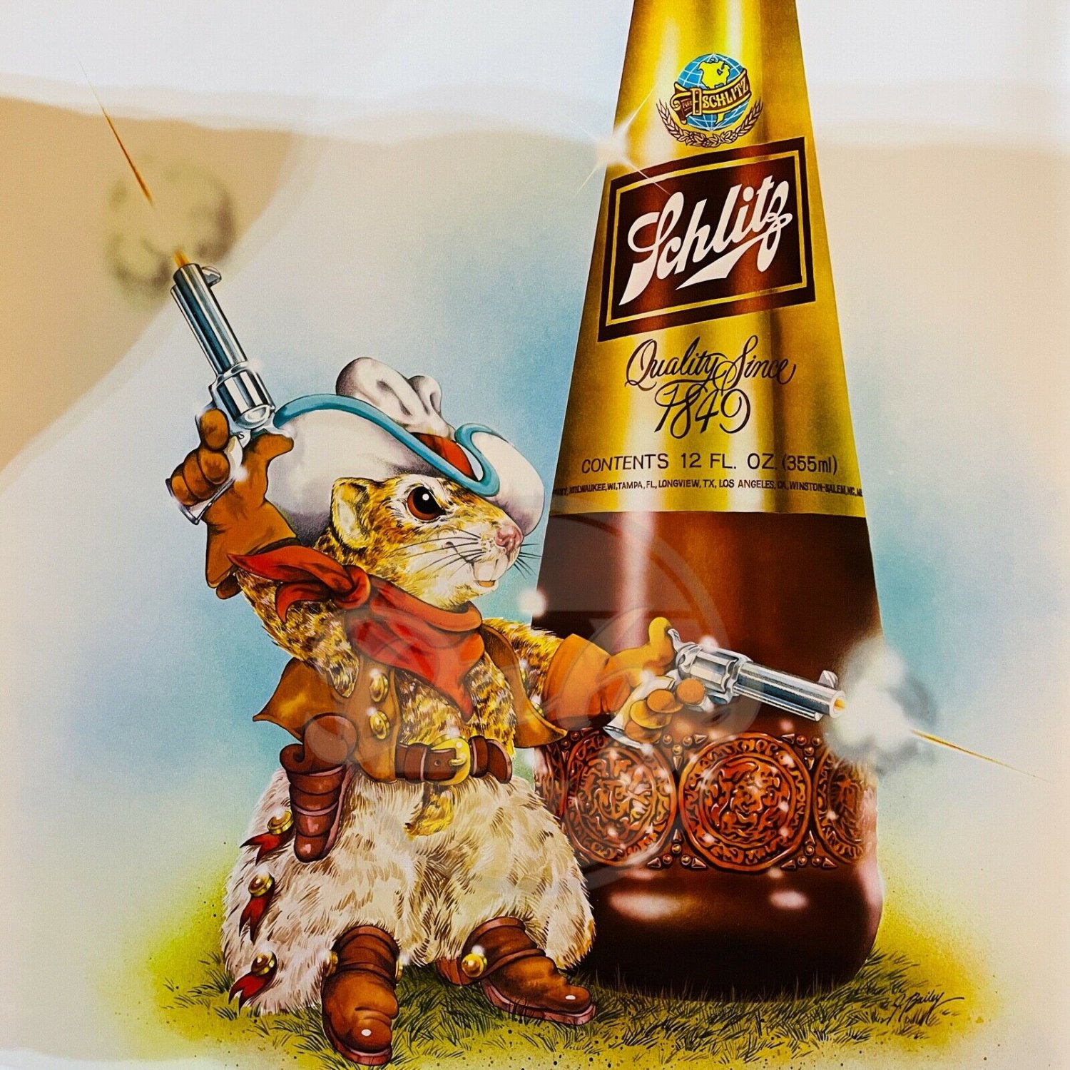 SCHLITZ Anamorphic Cowboy Gopher It 18x24 Poster 1980s Made USA Vintage