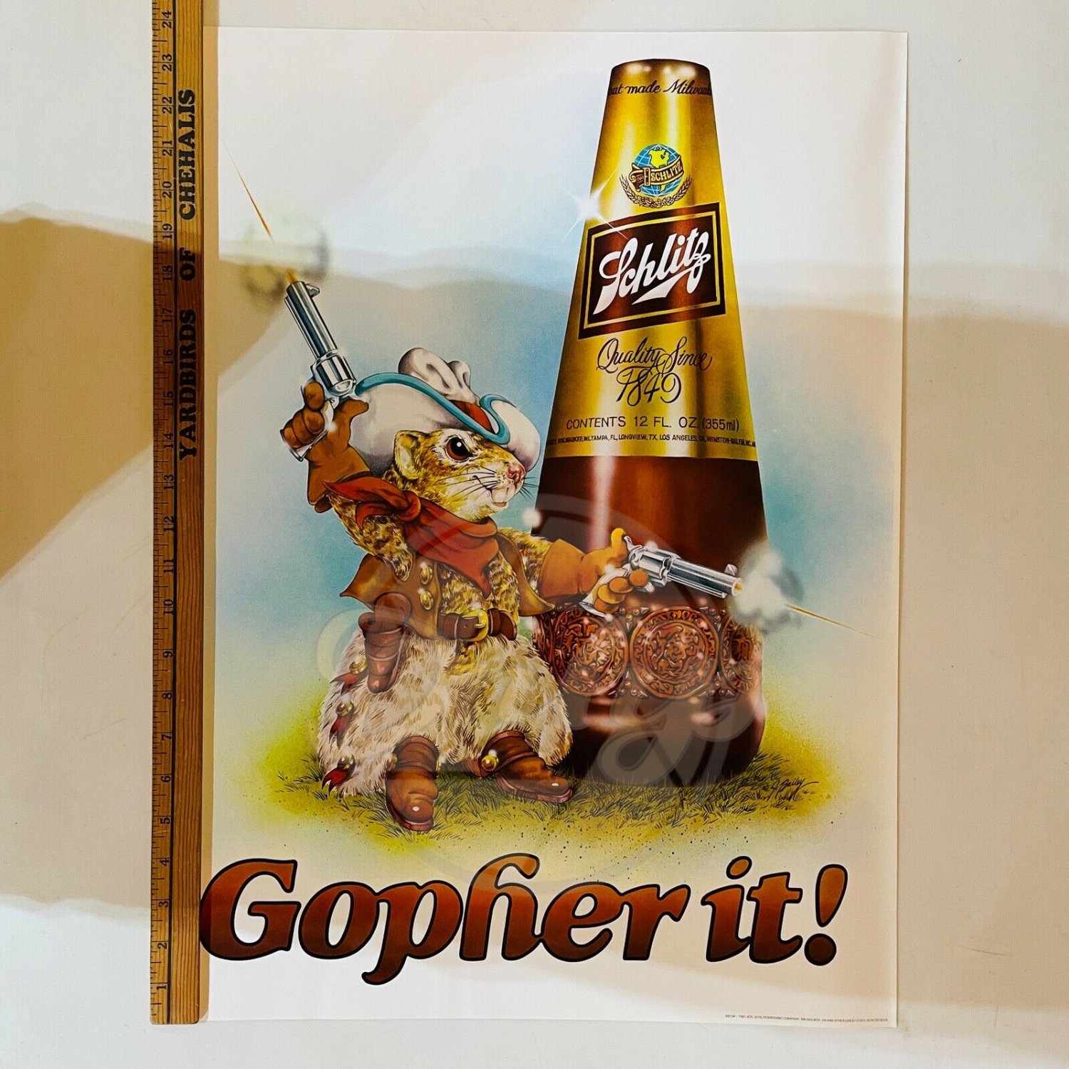 SCHLITZ Anamorphic Cowboy Gopher It 18x24 Poster 1980s Made USA Vintage