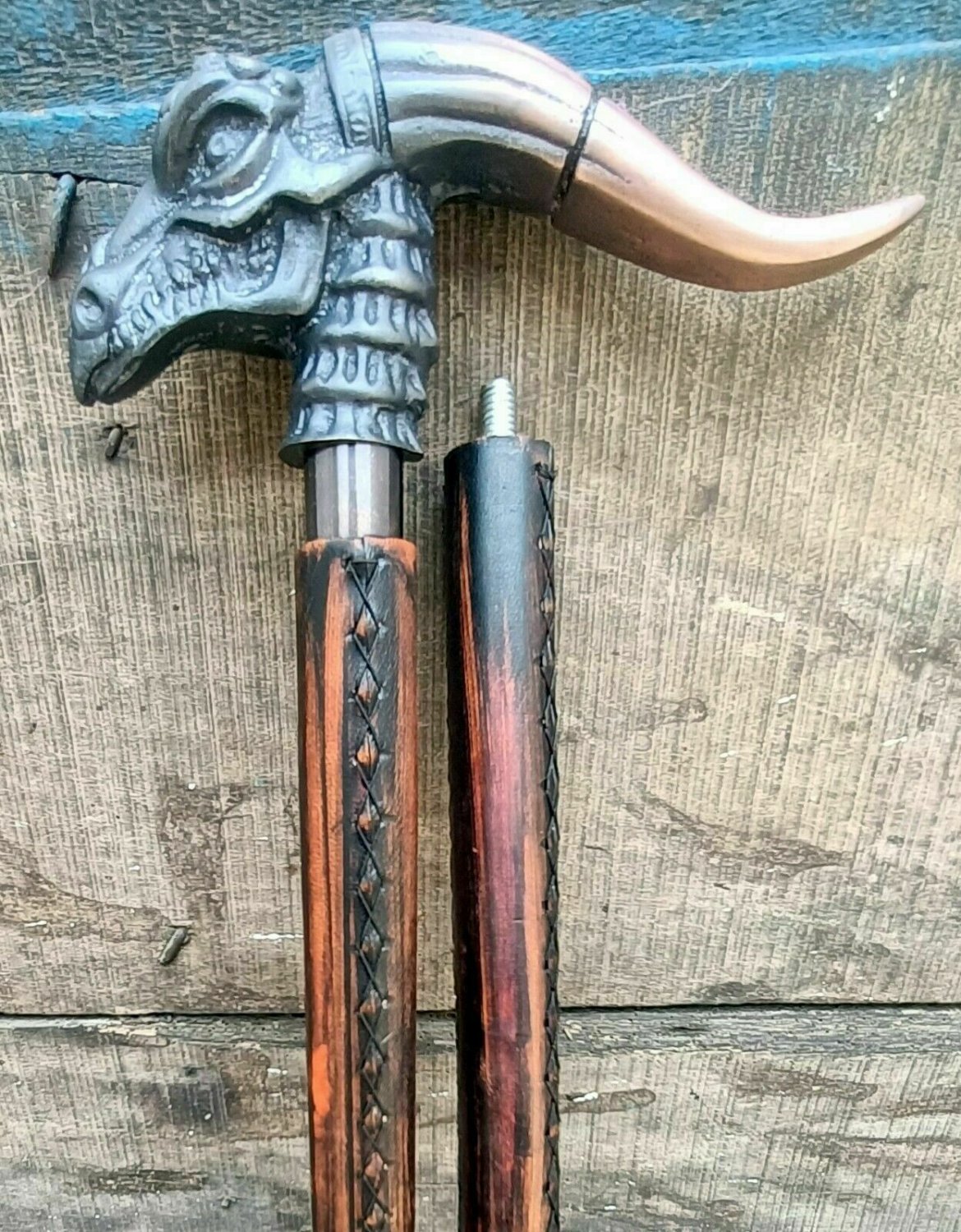 Copper Antique Finish Dragon Handle With Edge Leather Stitching Wooden ...
