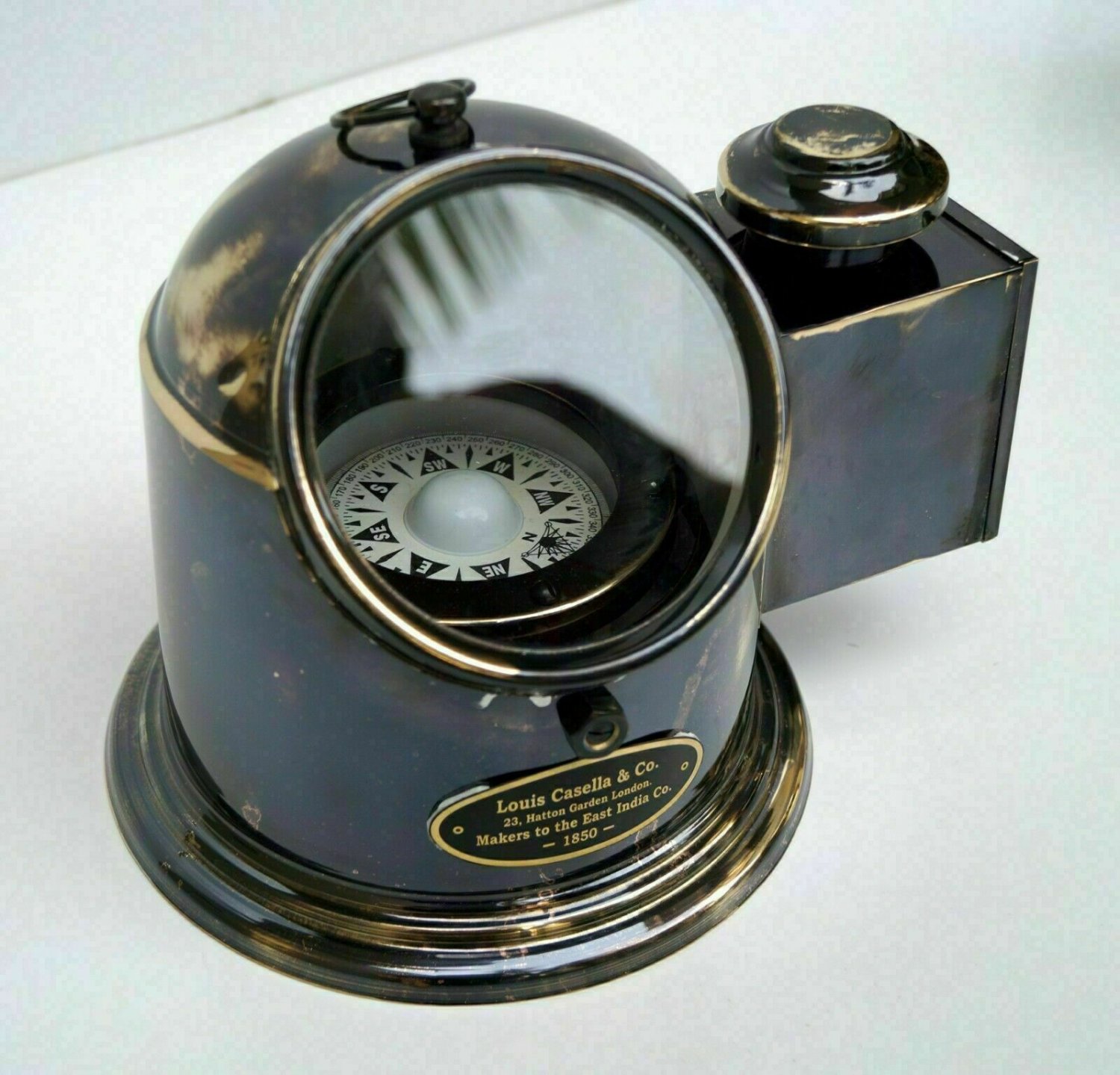 Antique vintage brass binnacle gimbal compass and oil lamp nautical ...