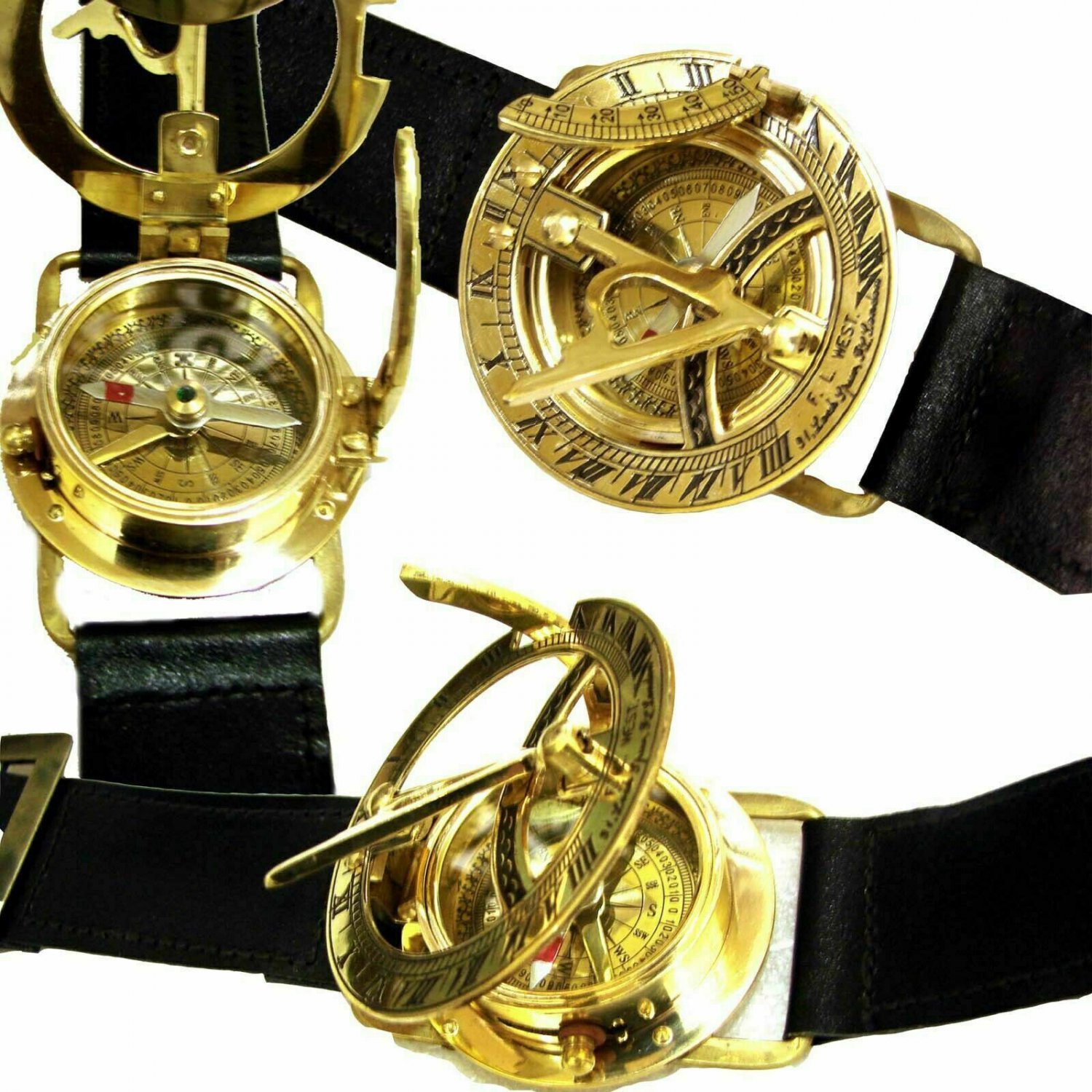 STEAMPUNK SUNDIAL COMPASS WRIST WATCH w/ CLASSIC BLACK LEATHER BRACELET