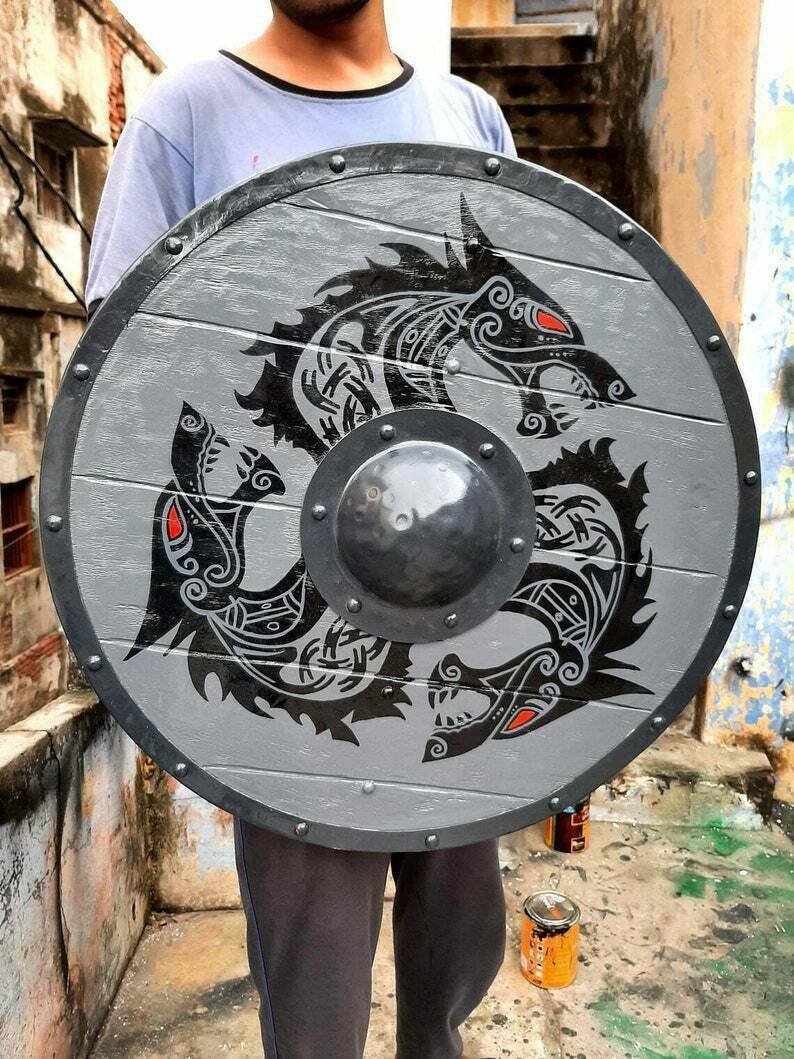 Medieval Wooden Viking Shield Dragon Face Round shield Wall Art ...