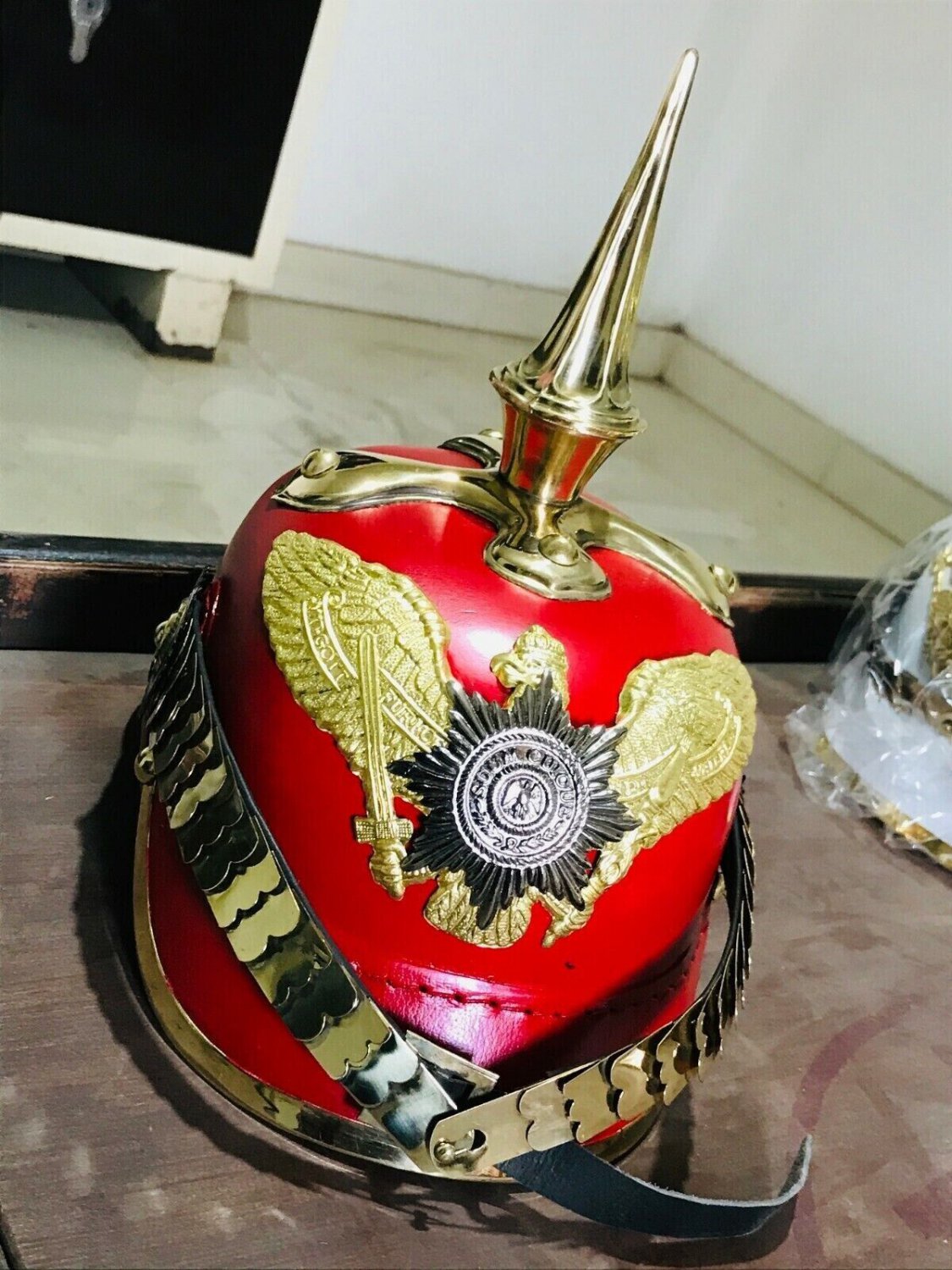Red Color Leather Prussian Helmet German Pickelhaube Long Spiked Helmet.