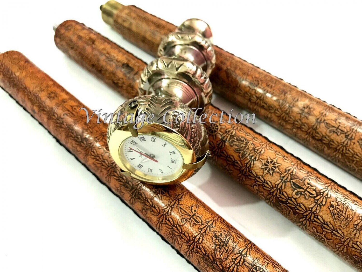 Antique Brass Twist Handle Leather Wooden Walking Stick with Clock on ...