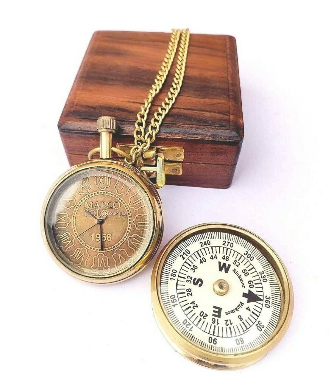 Antique Compass Pocket Watch Combo Brass Gift Camping Nautical Personalized