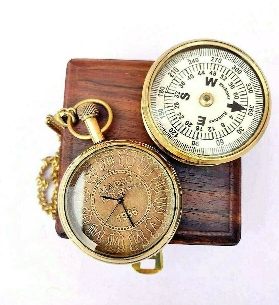 Antique Compass Pocket Watch Combo Brass Gift Camping Nautical Personalized