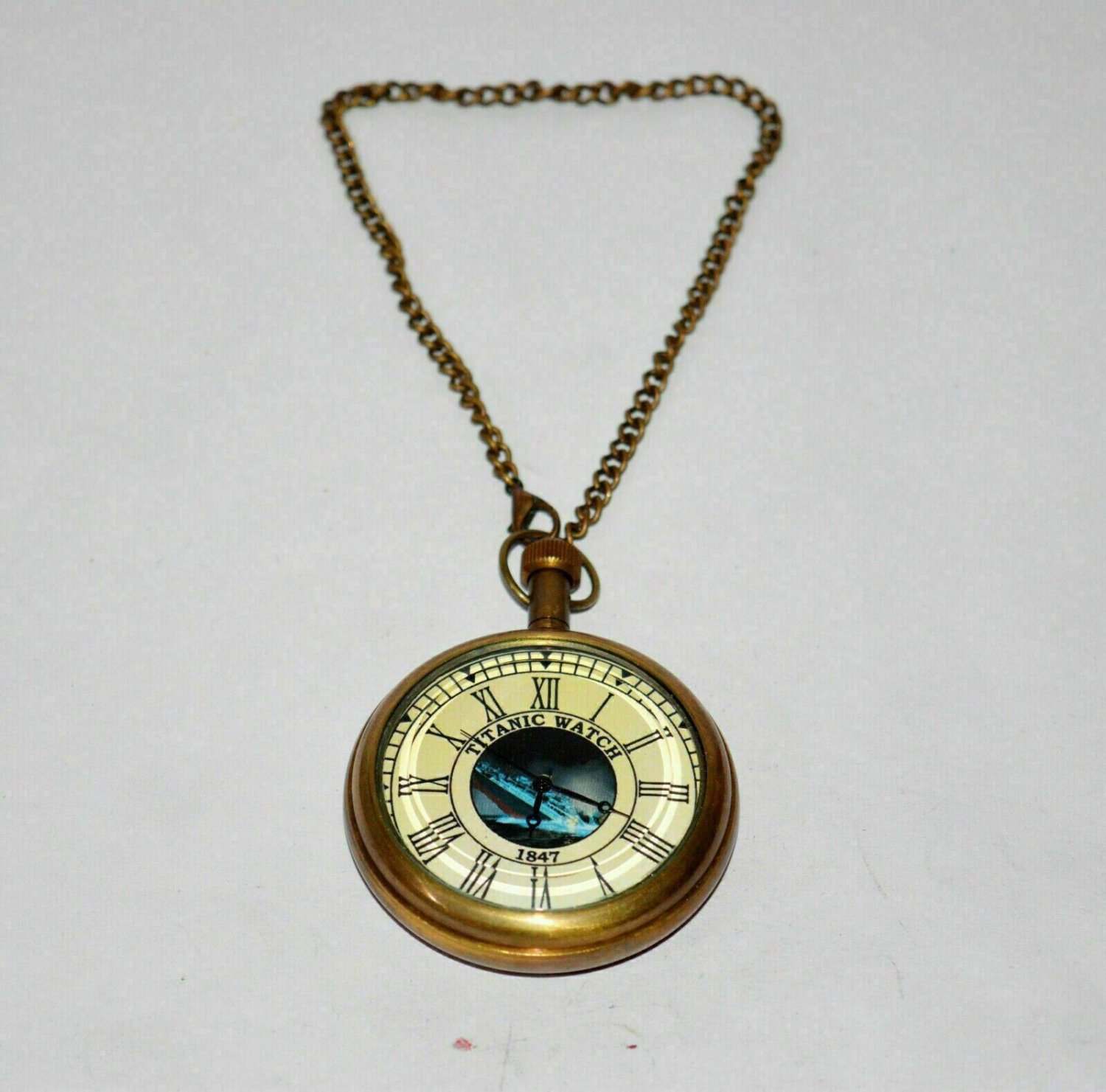 Vintage Maritime Brass Sinking Titanic Ship Dial Pocket Watch with Chain
