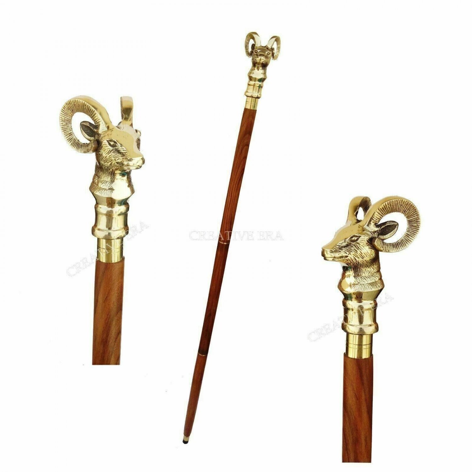 Vintage Brass Goat Head Handle Brown Wooden Walking Cane Stick Handmade ...