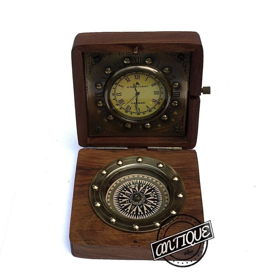 Clock Pocket Watch Brass Compass Marine Nautical Desk Clock Table Décor.