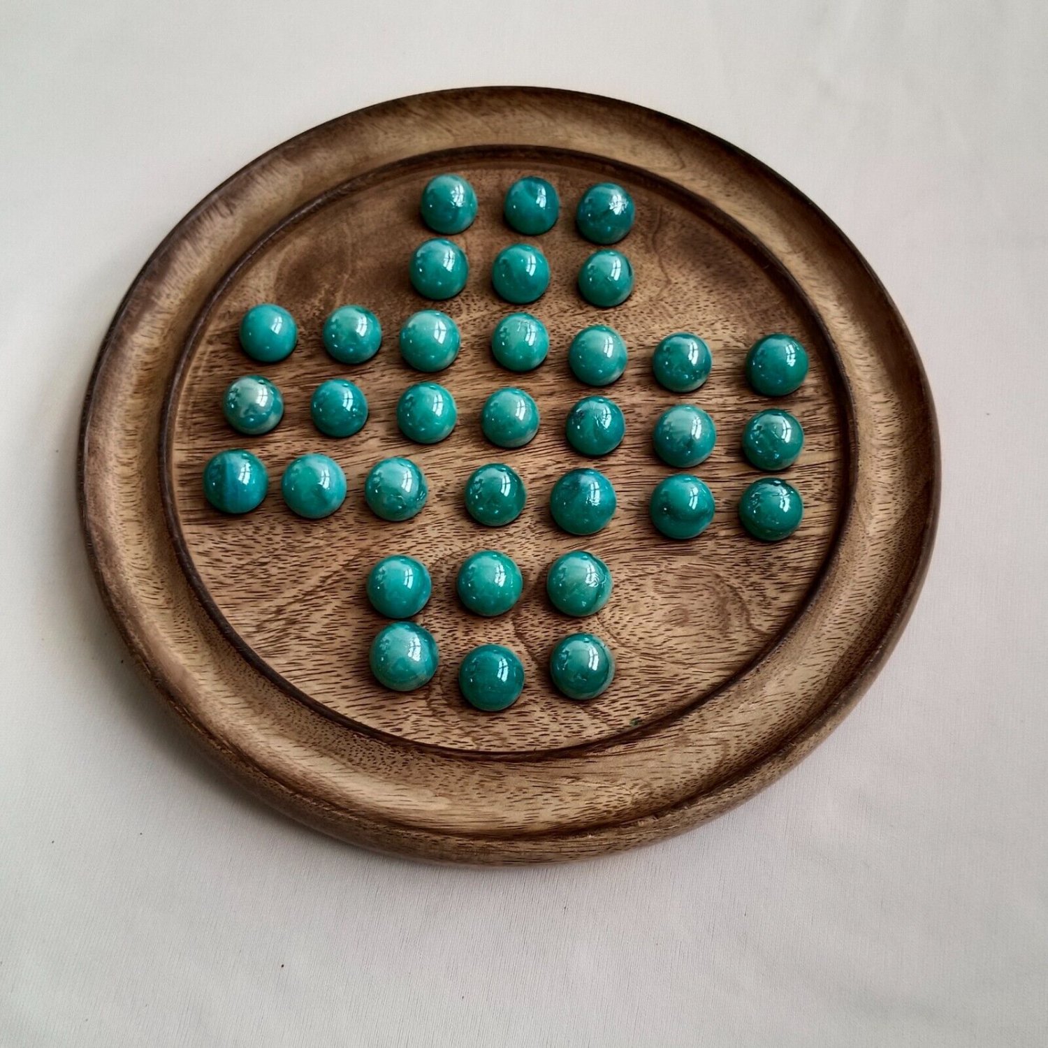 Solitaire 22cm Mango Wood Round Board Game With Glass Marbles classic ...