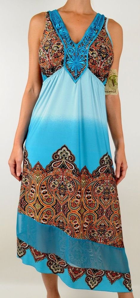 One World Maxi Dress Blue Aqua Fusion Paisley Dream, Lace Crochet, NWT ...