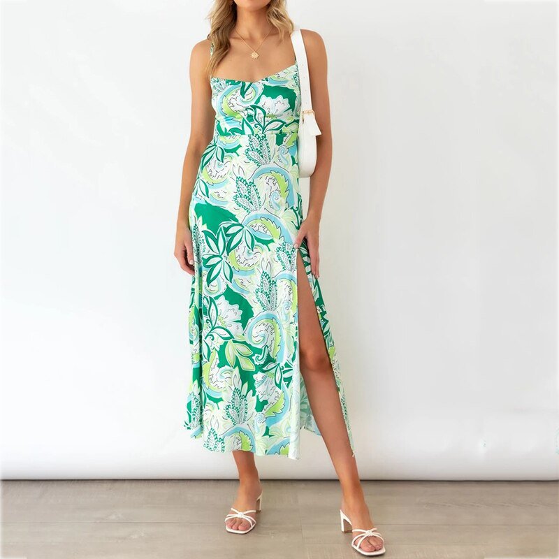 Floral Print Slip Green Summer Midi Dress
