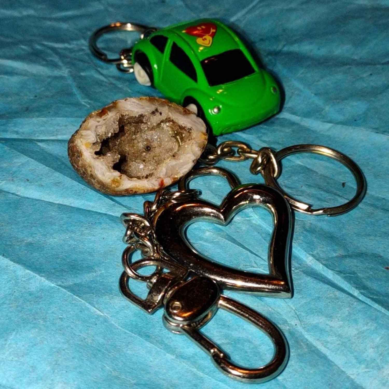 Collection of uniquely beautiful keychains and natural amethyst rock