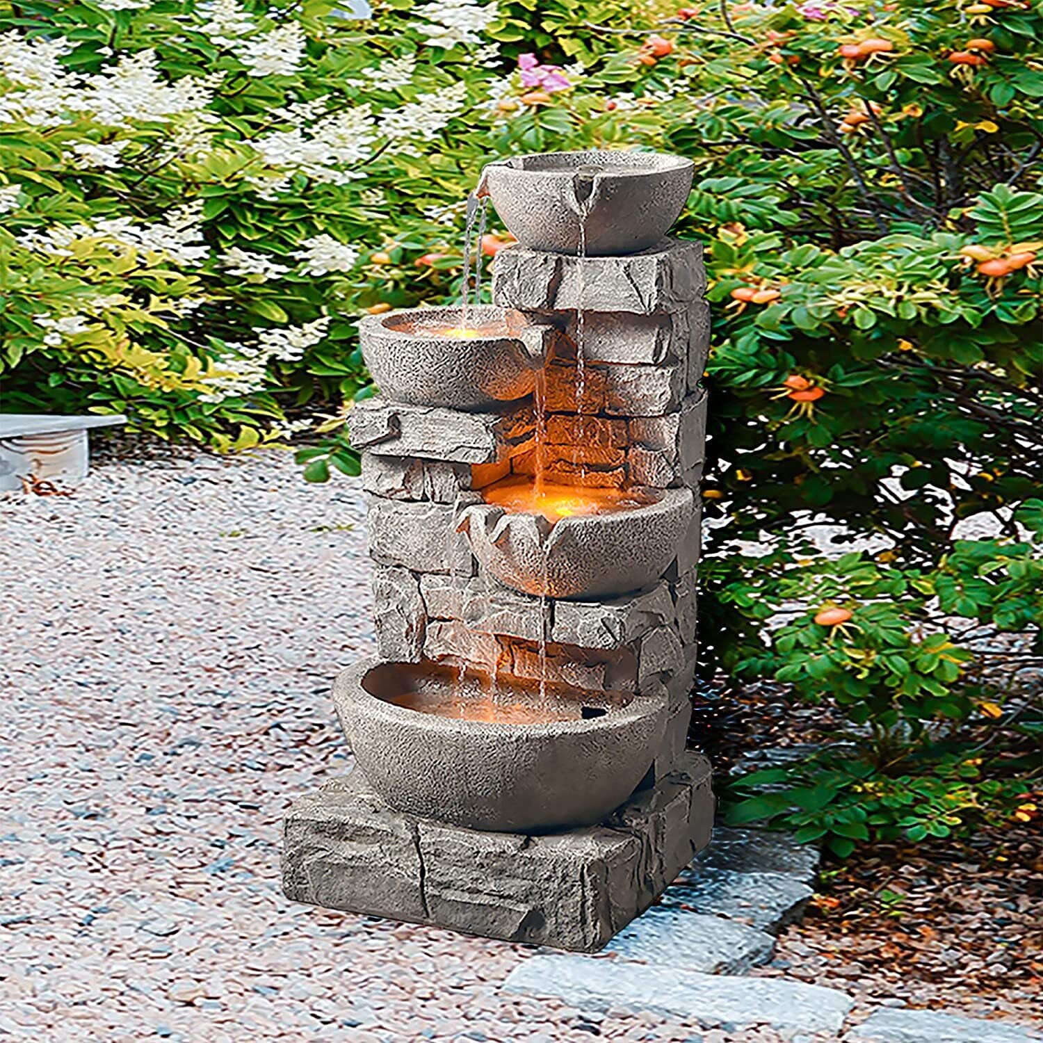 Tiered Waterfall Fountain - 4 Stacked Stone Bowls with LED Lights and Pump